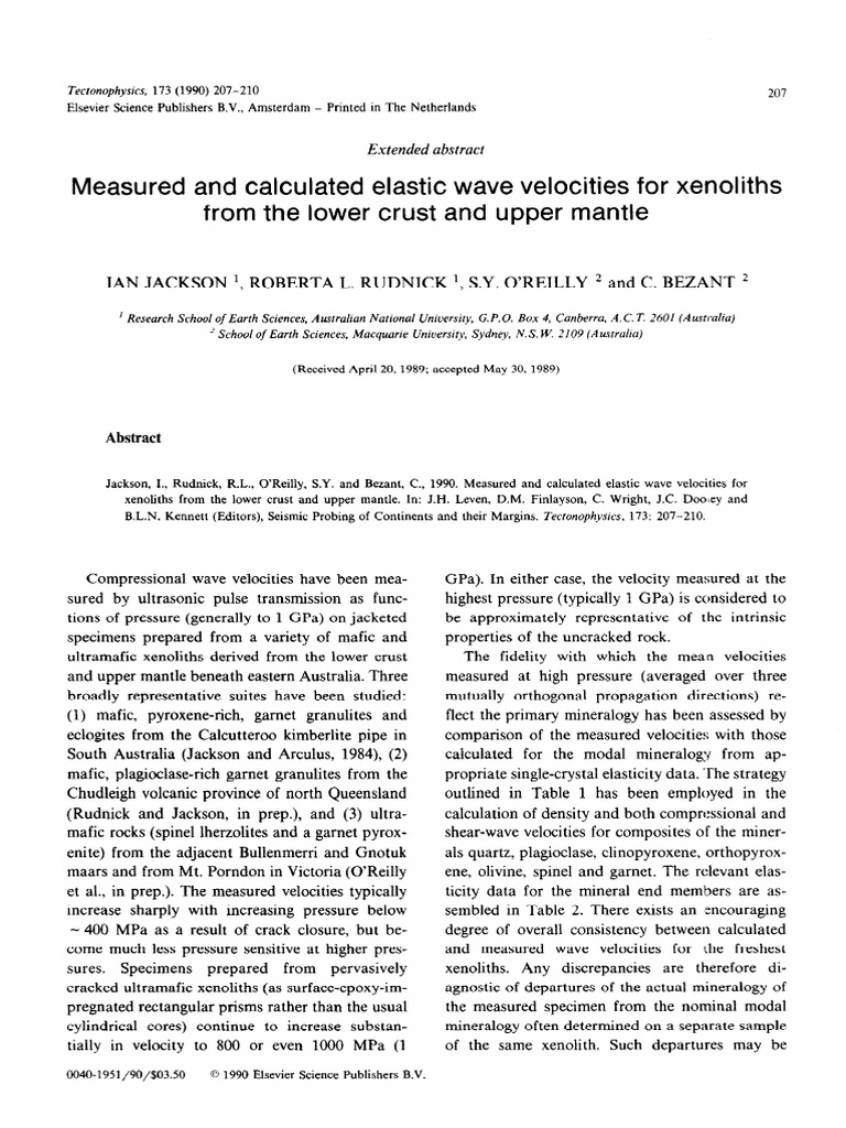 Measured and Calculated Elastic Wave Velocities For Xenoliths, Jackson ...