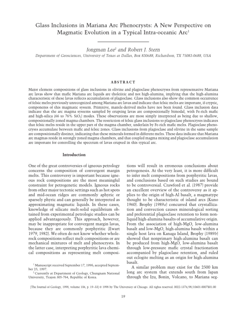 Glass Inclusions in Mariana Arc Phenocrysts A New Perspective On ...