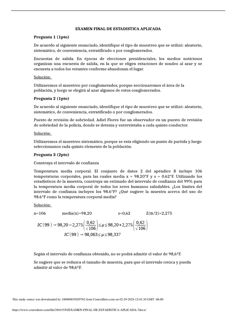 Examen Final de Estadistica Aplicada 7 | PDF
