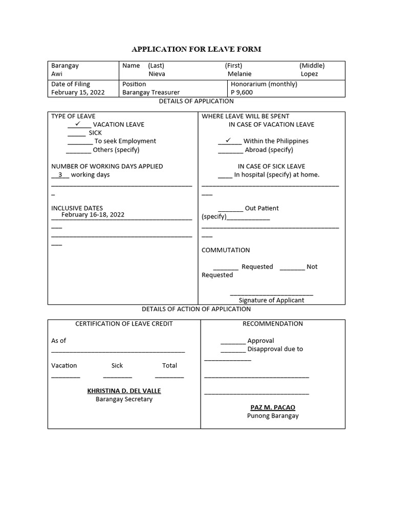 Application For Leave Form New | Download Free PDF | Sick Leave ...