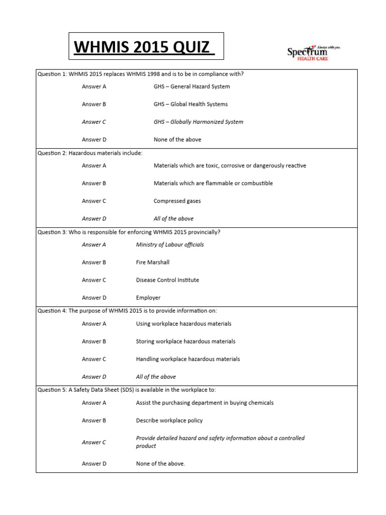 WHMIS 2015 Quiz | PDF | Dangerous Goods | Hazards
