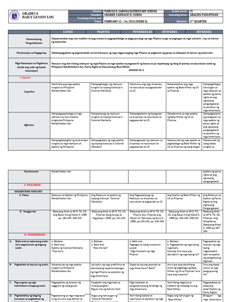 DLL - Araling Panlipunan 6 - Q3 - W3 | PDF