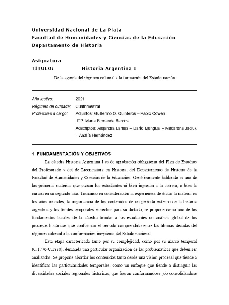 Programa Historia Argentina 1-2021 | PDF