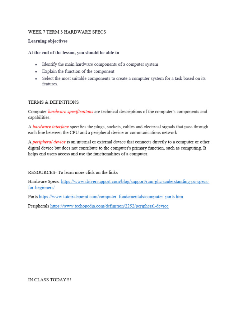 Week 7 Hardware Requirements Pdf Computer Hardware Random Access Memory