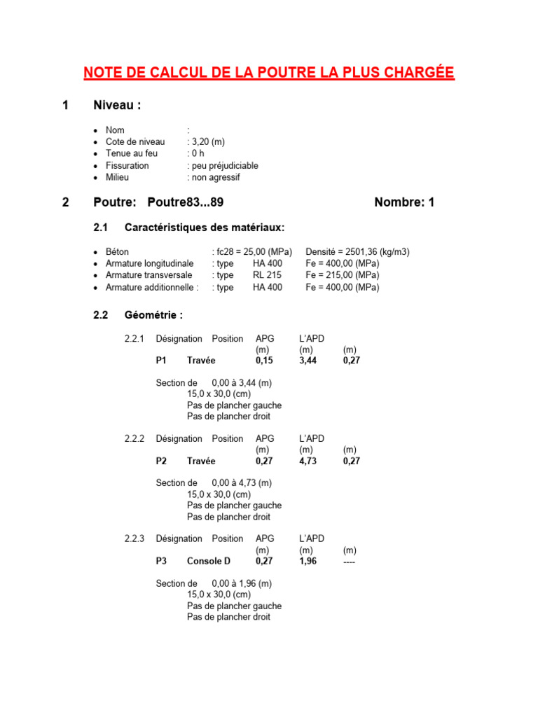 Note de Calcul Poutre Porteur | PDF
