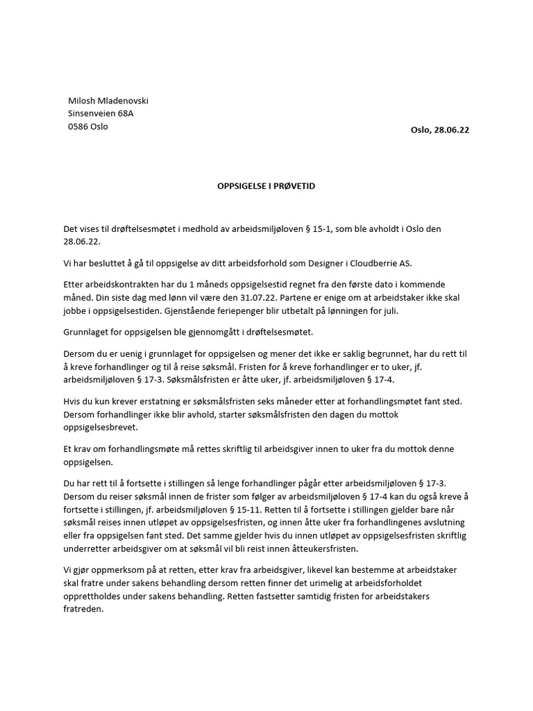 Oppsigelse Fra Arbeidsgiver | PDF