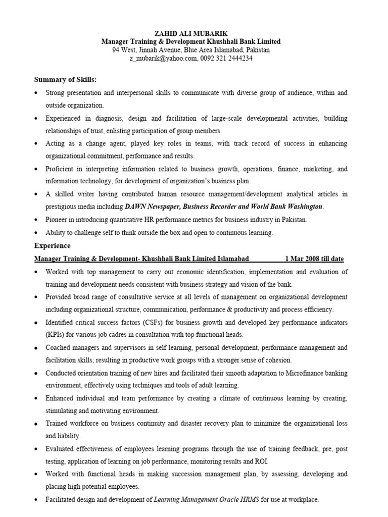 Resume Z A MUBARIK Islamabad | PDF | Human Resources | Employee Retention
