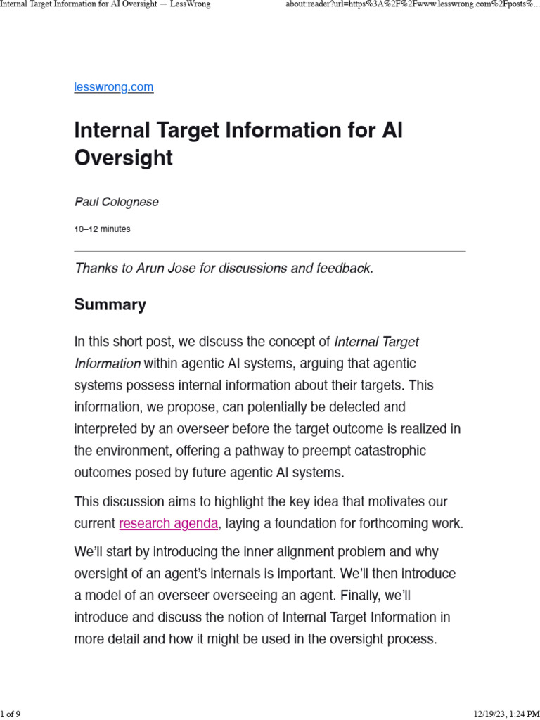 Internal Target Information For AI Oversight - LessWrong | PDF | Information | Artificial ...