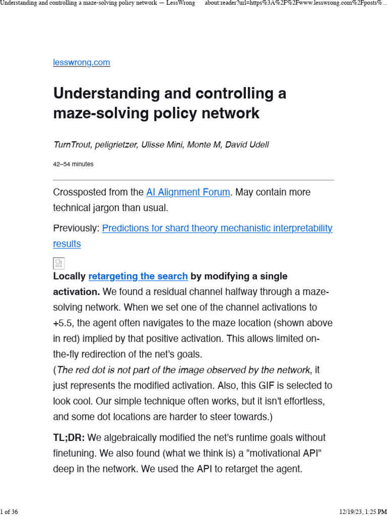Understanding and Controlling A Maze-Solving Policy Network - LessWrong | PDF | Regression ...