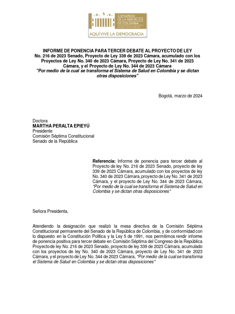 Ponencia REFORMA SALUD - Versión RADICADA - 05-03-24 | PDF | Colombia ...