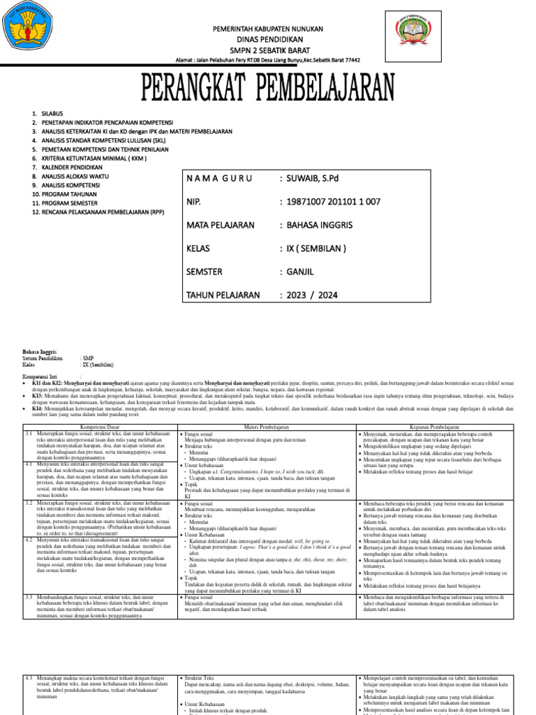 Silabus Bahasa Inggris Kelas IX SMPN 2 Sebatik Barat | PDF