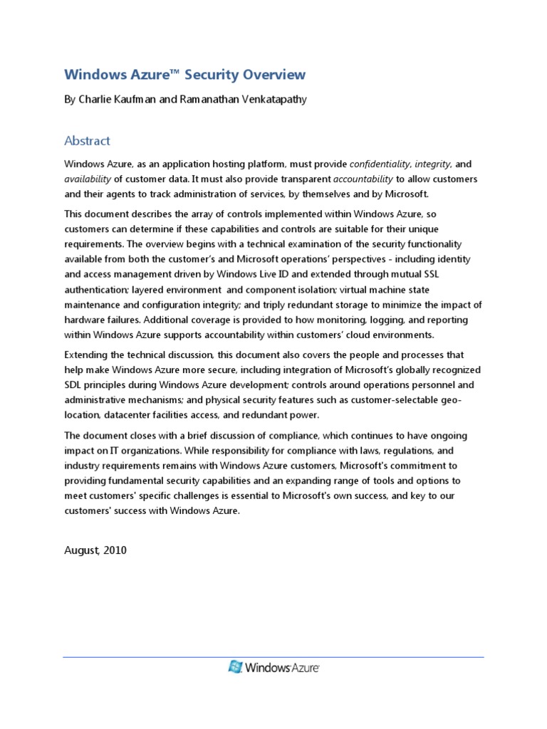 Windows Azure Security Overview v1.01 | PDF