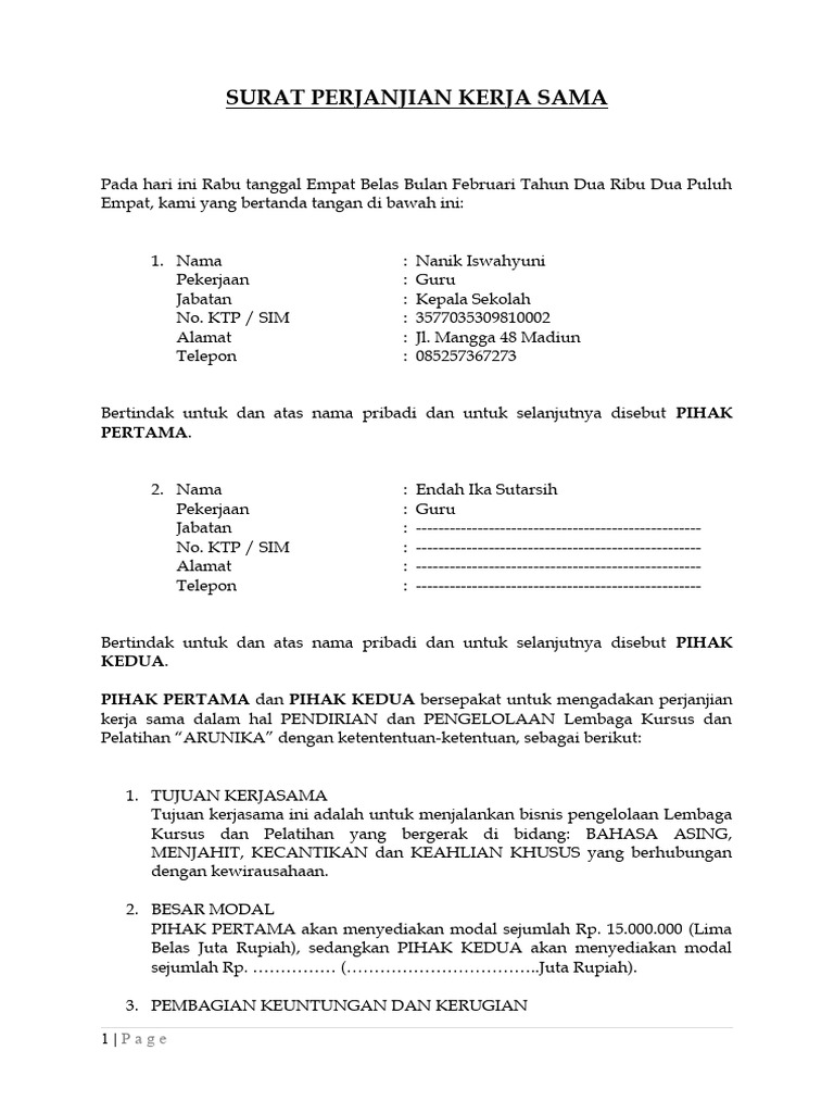 Contoh Surat Perjanjian Kerjasama Pdf