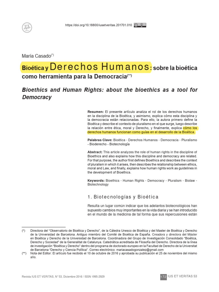 MARÍA CASADO - Bioética y Derechos Humanos Sobre La Bioética Como Herramienta para La Democracia ...