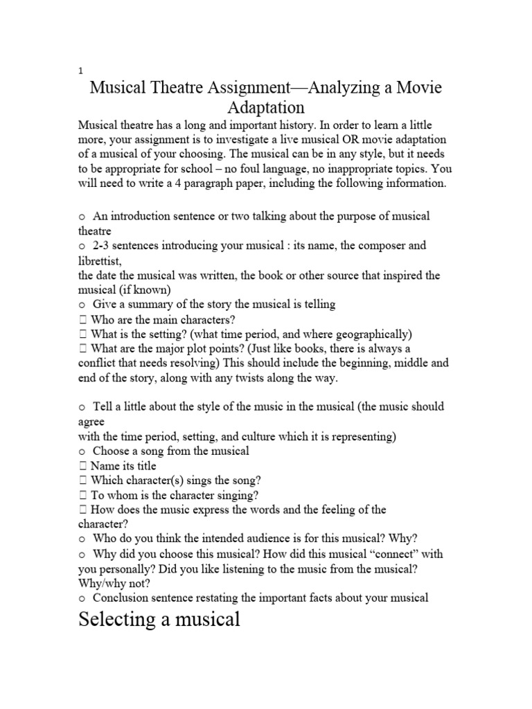 Musical Theatre Movie Analysis Guide | PDF | Musical Theatre ...