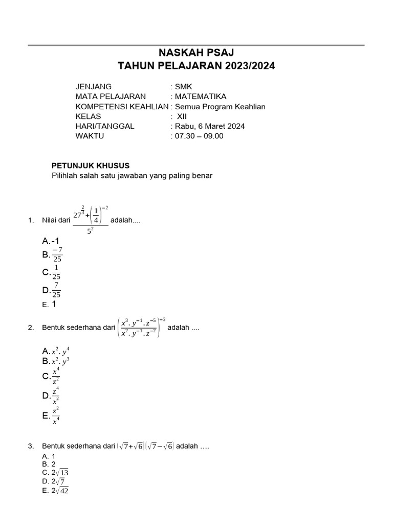Latihan Soal Matematika Psaj 2023-2024 Untuk Siswa | PDF