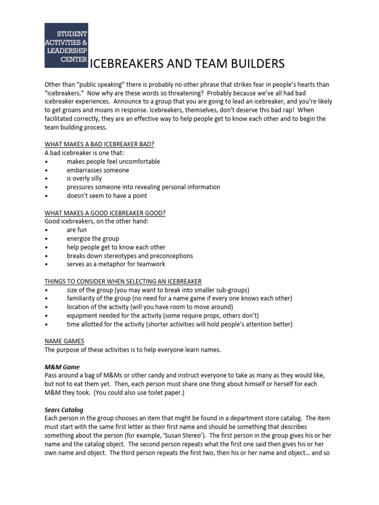 Icebreakers and Team Builders | PDF