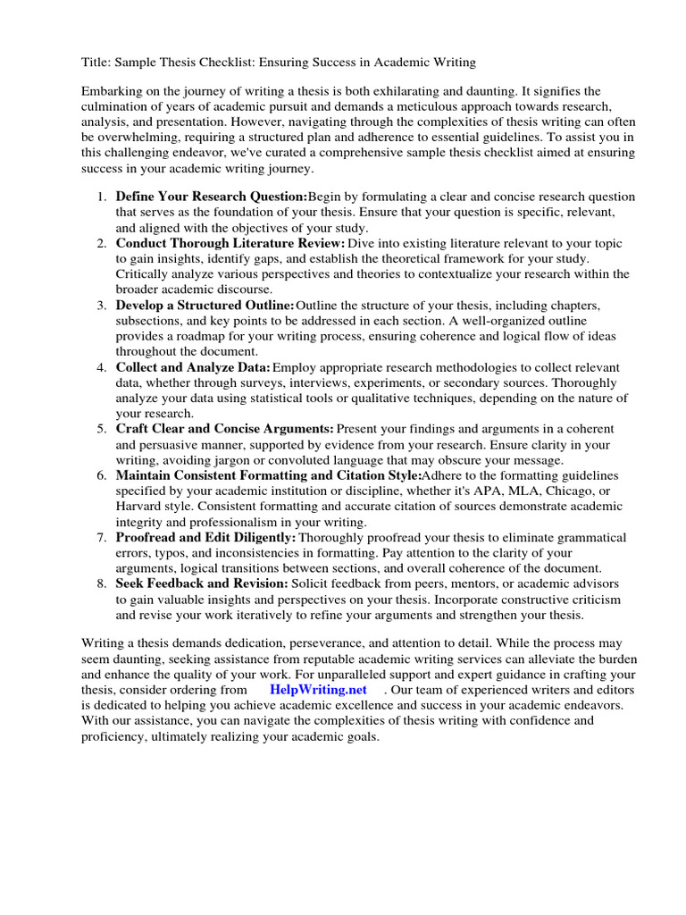 Thesis Writing Success Checklist | PDF | Thesis | Methodology