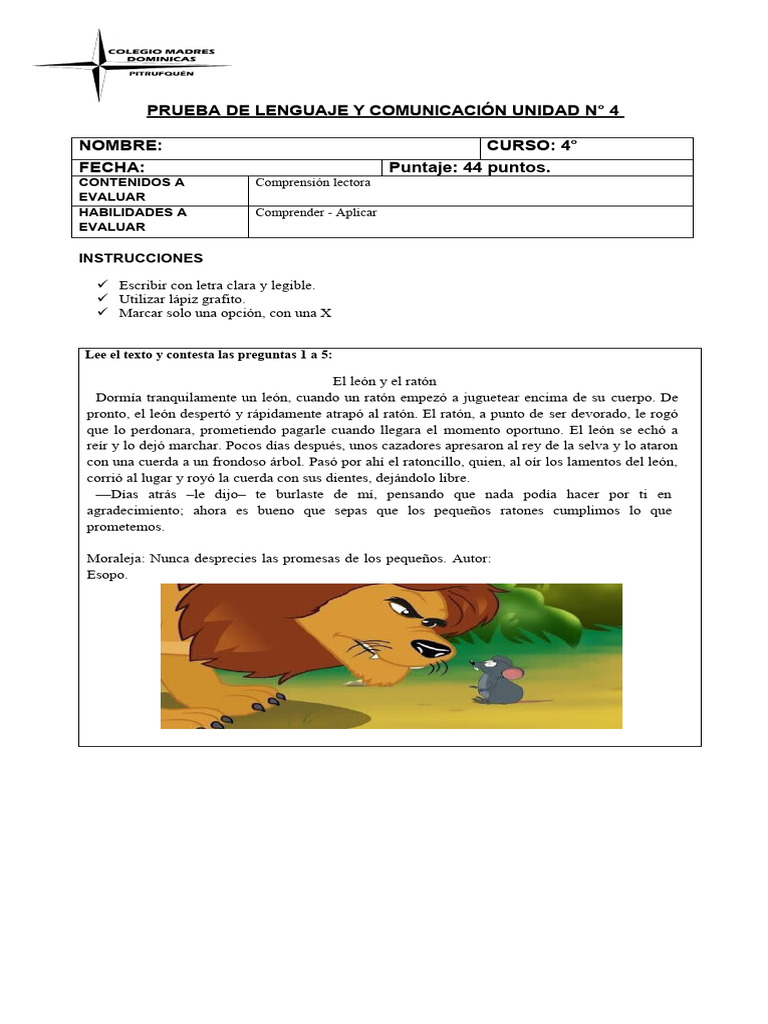 Prueba Lenguaje Cuartos Unidad 4 | PDF