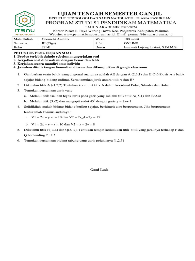 UTS Geometri Analitik 22f-B | PDF