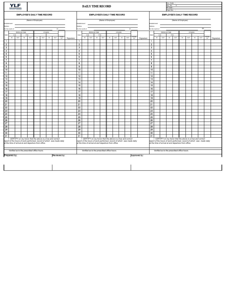 Employee Daily Time Record Template | PDF