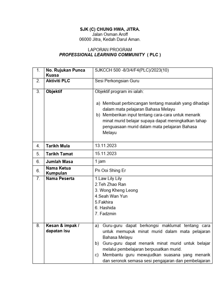 Laporan PLC - Teacher Sharing 2023@OSE | PDF