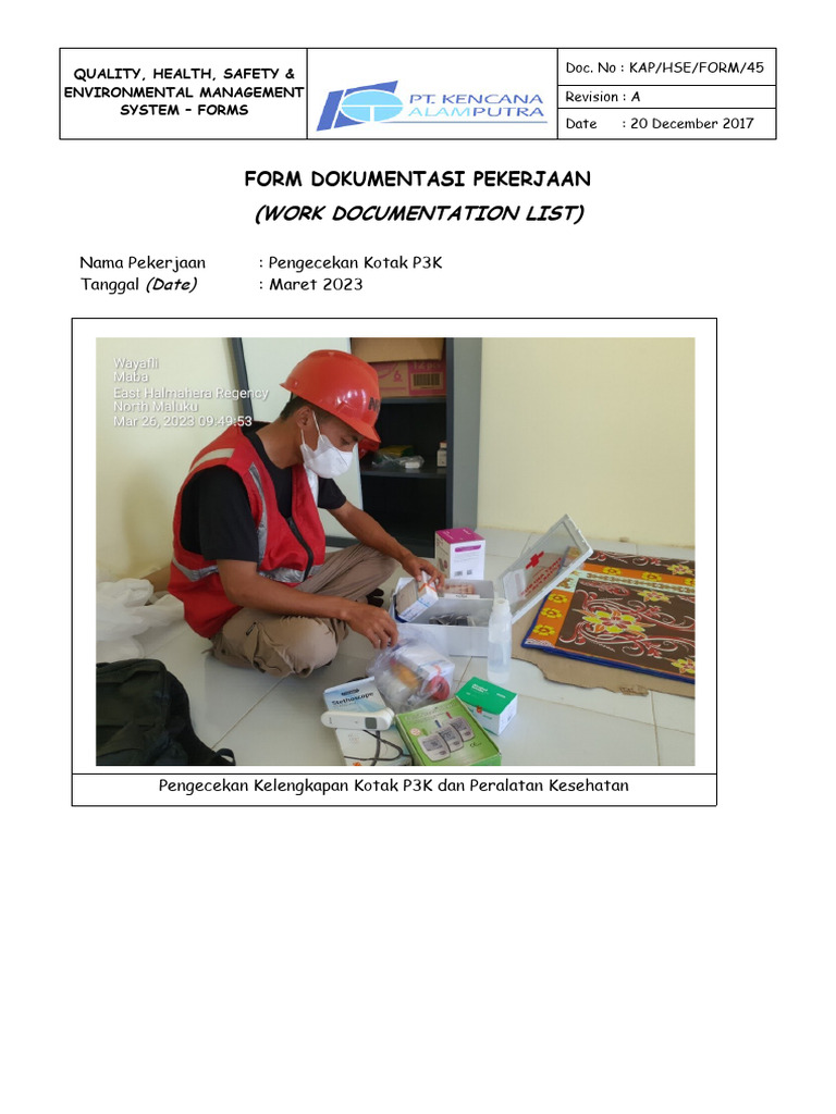 KAP - HSE - FORM - 45 - Dokumentasi Inspeksi Kotak P3K ANTAM 2023 | PDF