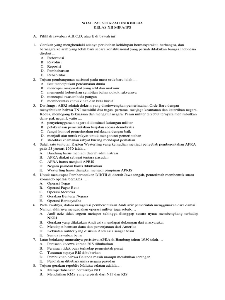 SOAL LATIHAN PAT SEJARAH INDONESIA XII MIPA IPS | PDF
