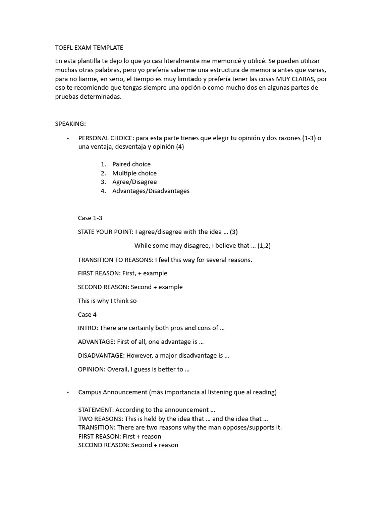 Toefl Exam Template | Download Free PDF | Argument | Reason