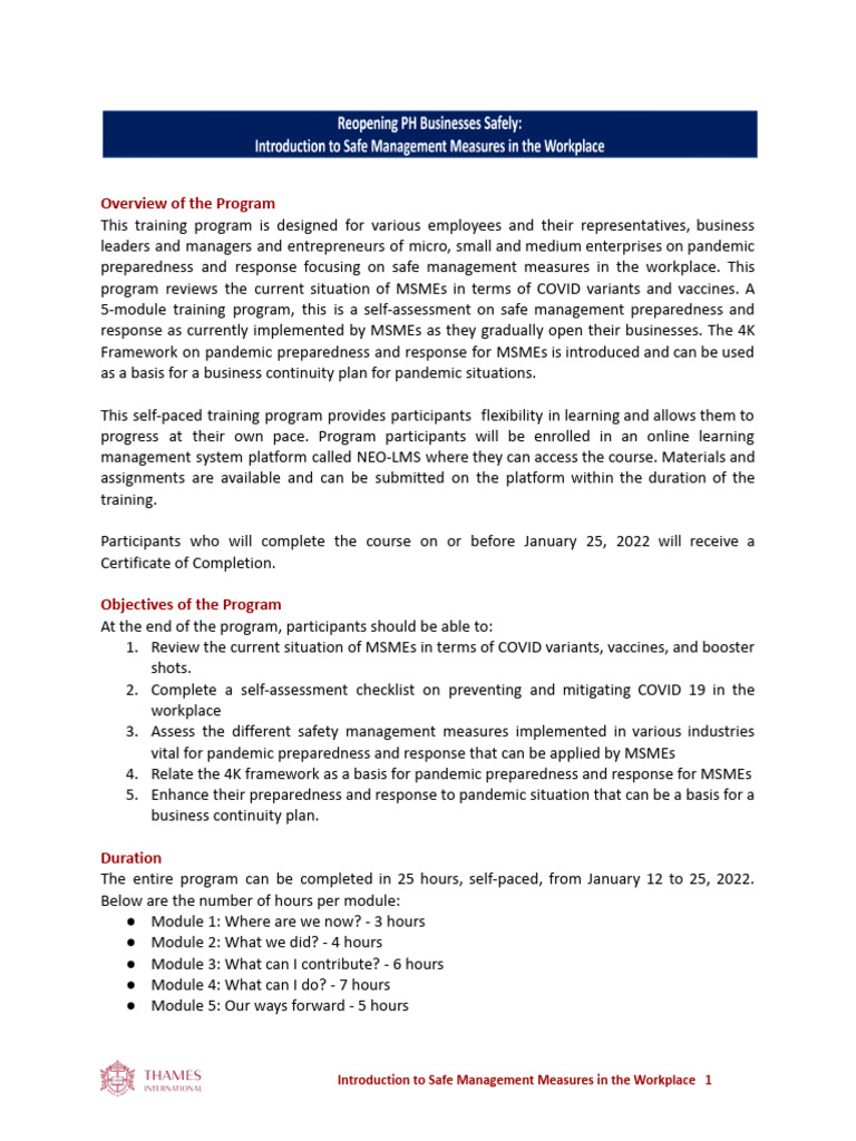 Program Brief - DTI Safe Management | PDF | Small And Medium Sized Enterprises