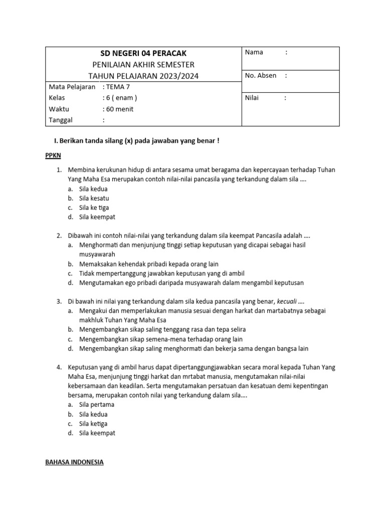 Soal Pas Kelas 6 Tema 7. Baru | PDF | Seni & Disiplin Bahasa | Karier & Perkembangan