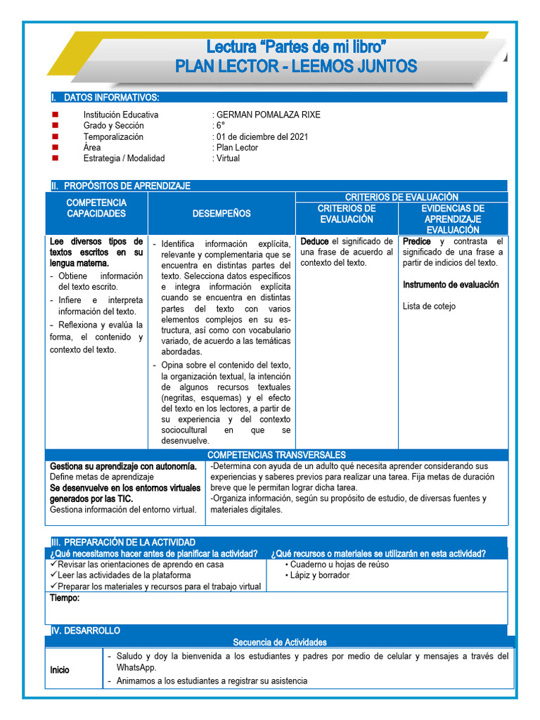 Plan Lector Virtual 6° Grado | PDF | Aprendizaje | Evaluación