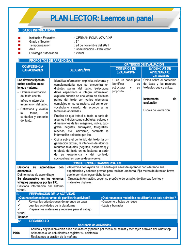 Sesión Plan Lector 24 - 11 - V | PDF | Evaluación | Aprendizaje