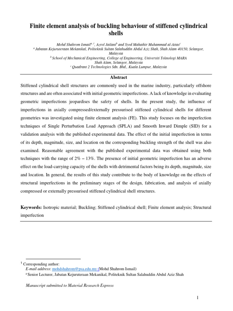 Finite Element Analysis Of Buckling Behaviour Of Stiffened Cylindrical