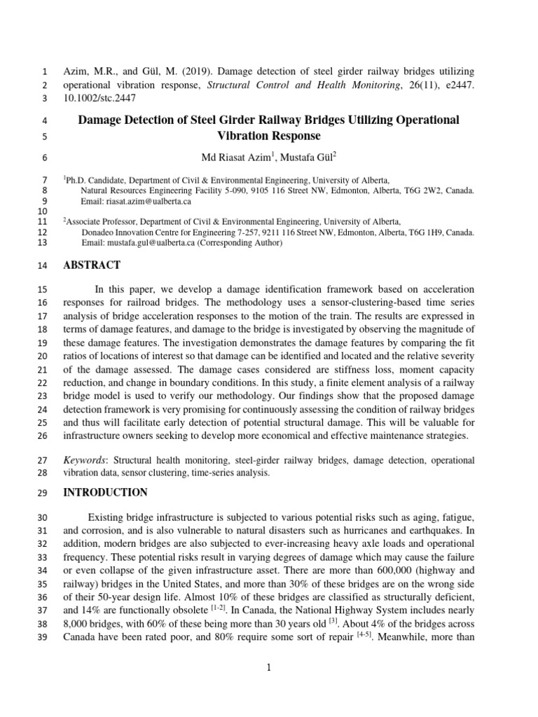 Azim Gul SCHM Damage Detection Steel Girder Railway Bridges Using Operational Vibration Data ...