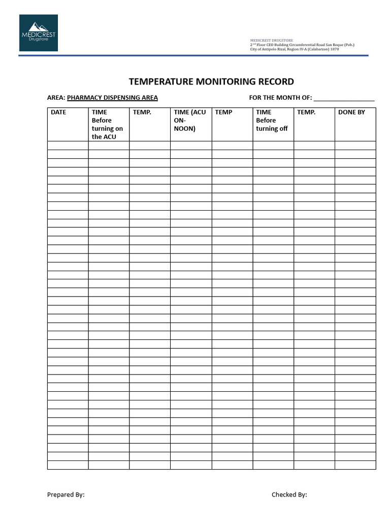 Temperature Monitoring Record | PDF | Pharmacy | Health Sciences