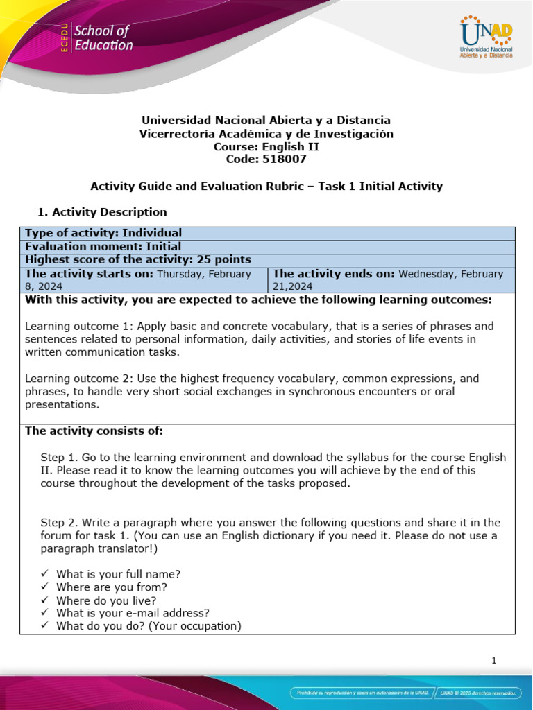 Activity Guide and Evaluation Rubric - Task 1 - Initial Activity | PDF ...
