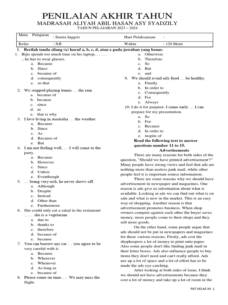 FORMAT SOAL PAT KELAS XII Sasing | PDF | Hijab | Women In Islam