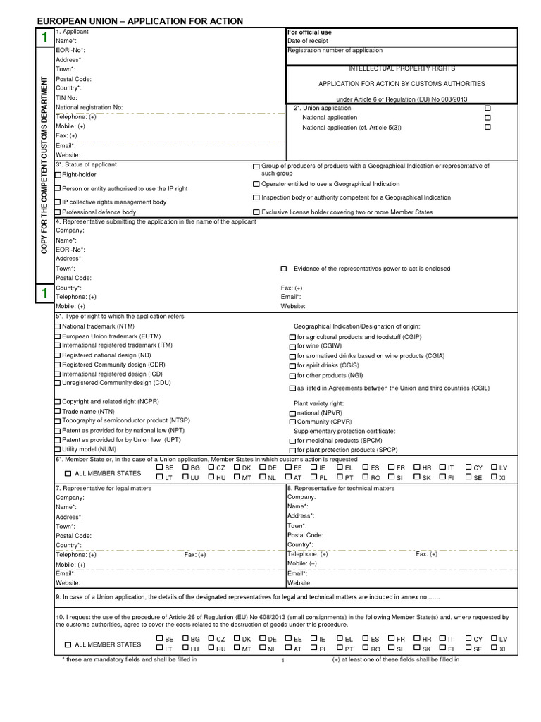 EU Customs Action Application Form | PDF