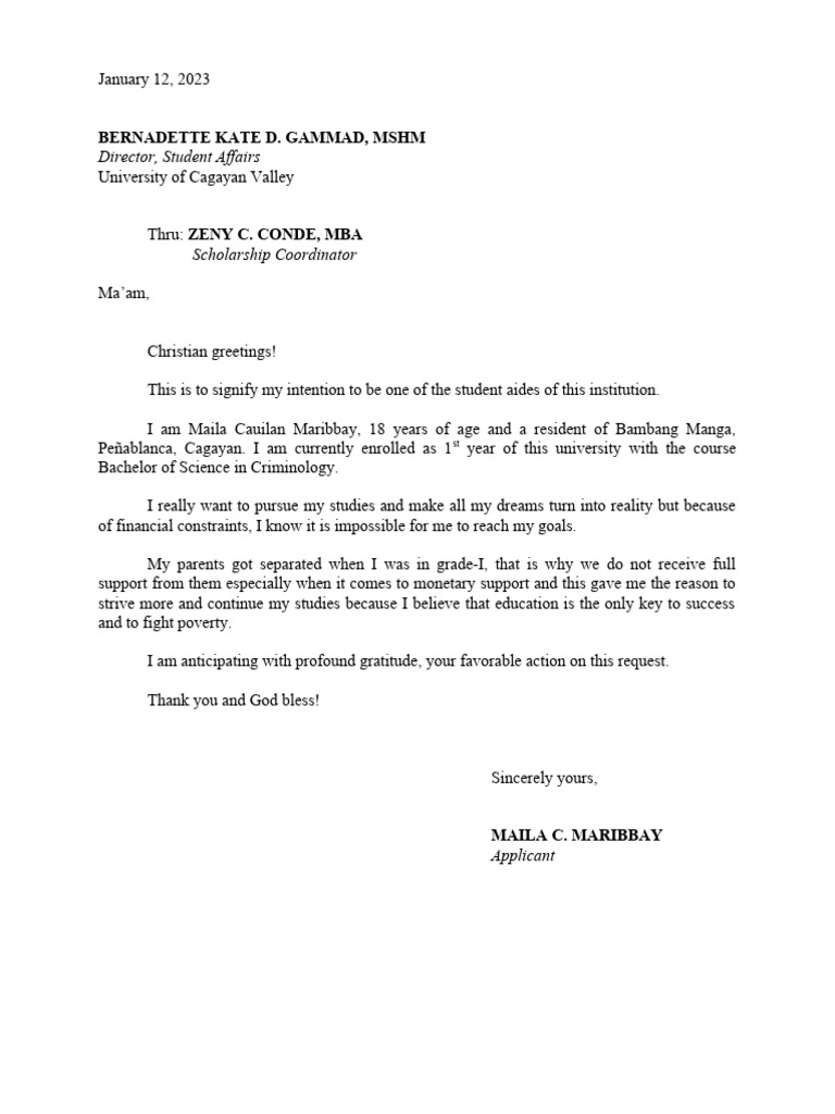 Working Student Application Letter 2022 | PDF | Wellness