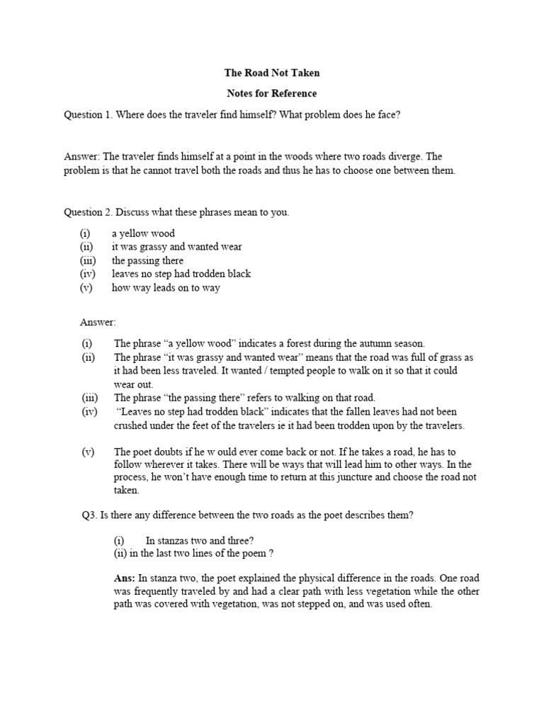 The Road Not Taken - Notes For Reference | PDF