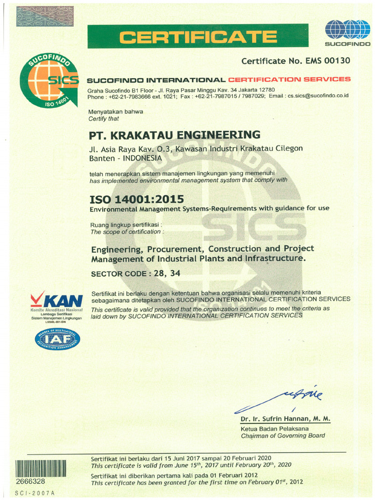 Certificate ISO 14001 2015 Environmental Management Systems ...