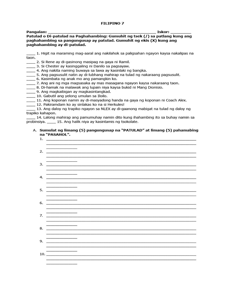 FILIPINO 7 Paghahambing Quiz | PDF
