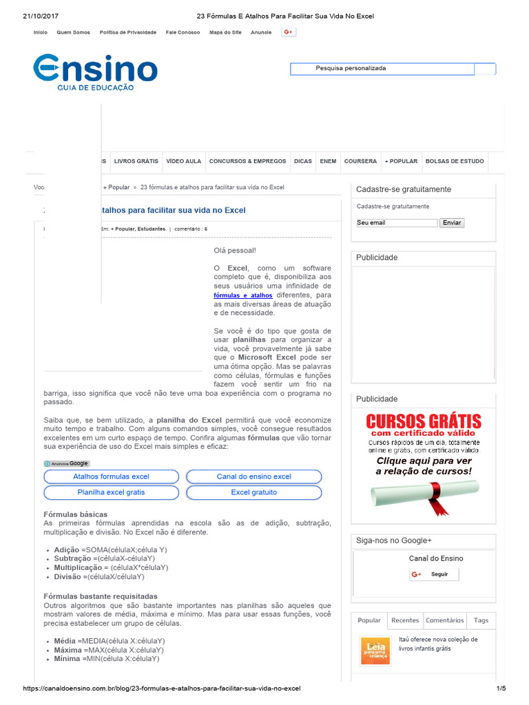 23 Fórmulas E Atalhos para Facilitar Sua Vida No Excel | PDF ...