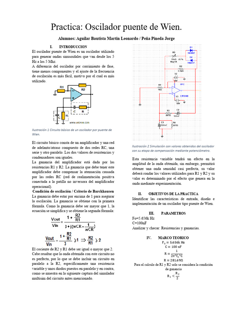Practica Oscilador Puente de Wien | PDF | Oscilación | Resistencia Eléctrica y Conductancia