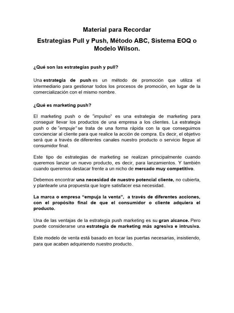 Material para Recordar Final - Estrategias Pull y Push, Método ABC, Sistema EOQ o Modelo Wilson ...
