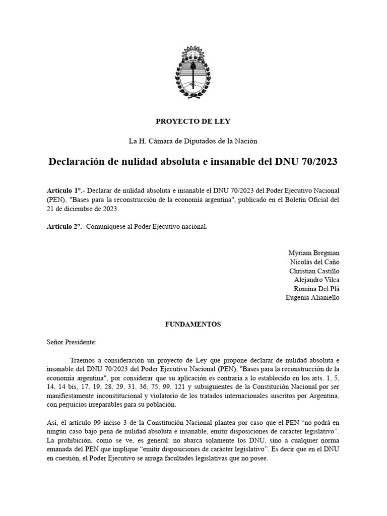 Proyecto L_Declaración de Nulidad Absoluta e Insanable Del DNU 70_2023 | PDF | Gobierno | Justicia