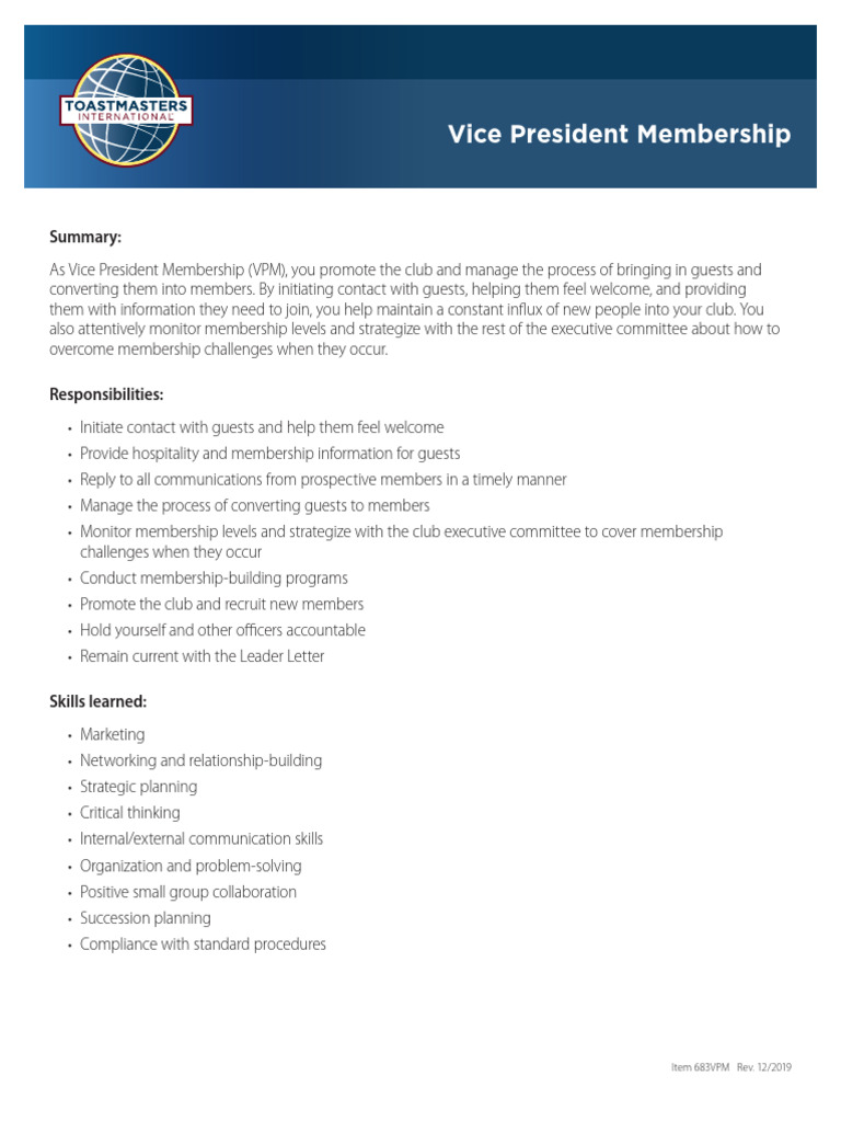 Toastmasters 683VPM VP Membership Letter Size | PDF