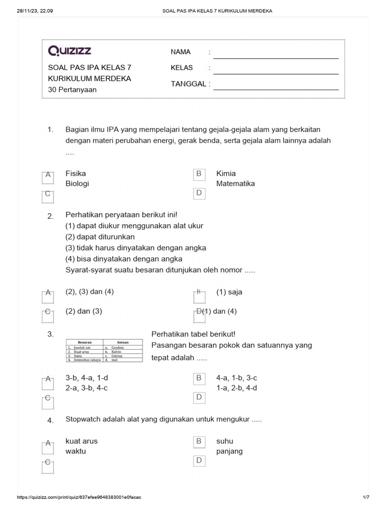 Soal Pas Ipa Kelas 7 Kurikulum Merdeka | PDF