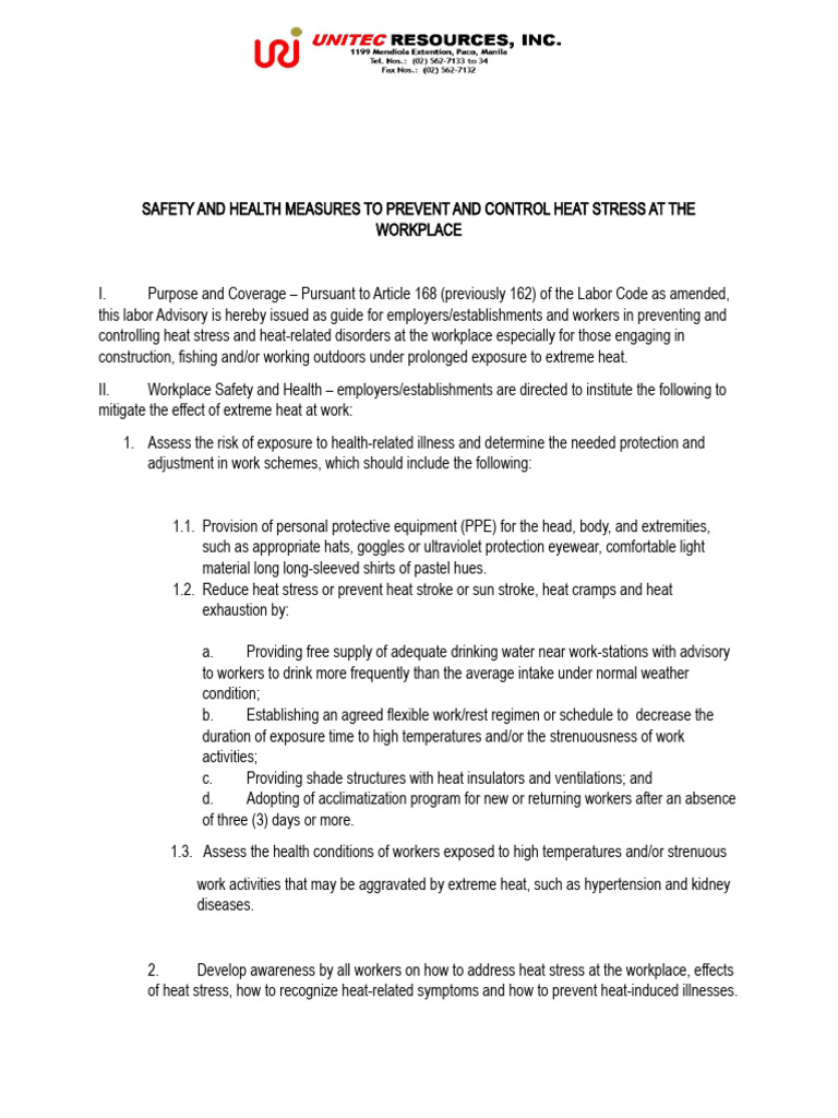 Safety and Health Measures To Prevent and Control Heat Stress at The ...